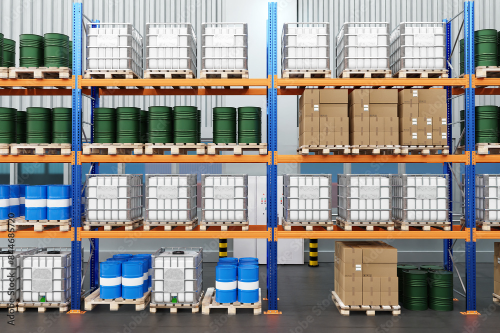 Warehouse rack. Barrels and boxes on shelves in storage. Multi-tiered ...