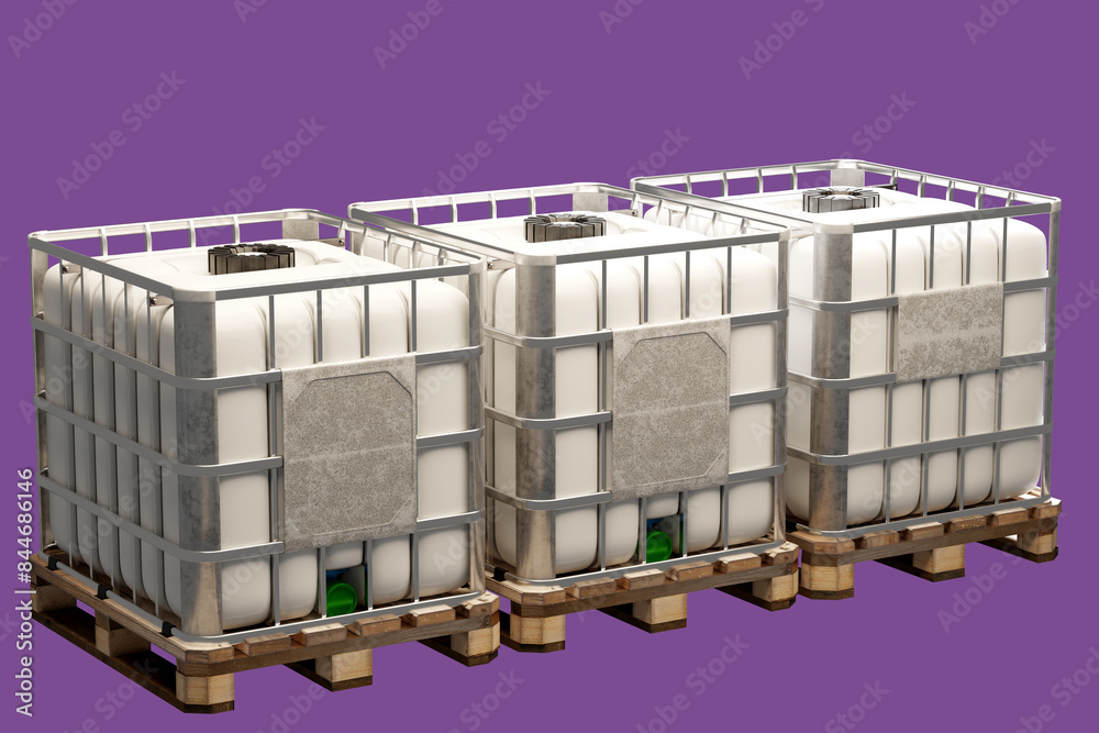 IBC tanks are lined up. Several industrial water tanks. IBC containers ...