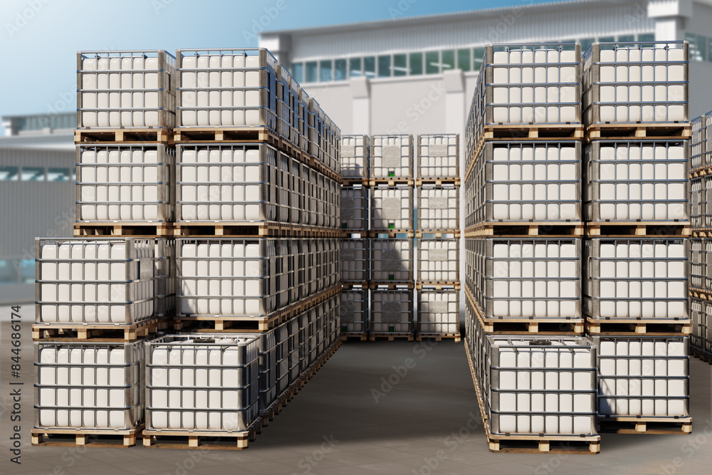 IBC container warehouse. Industrial liquid tanks on pallets. Open air ...