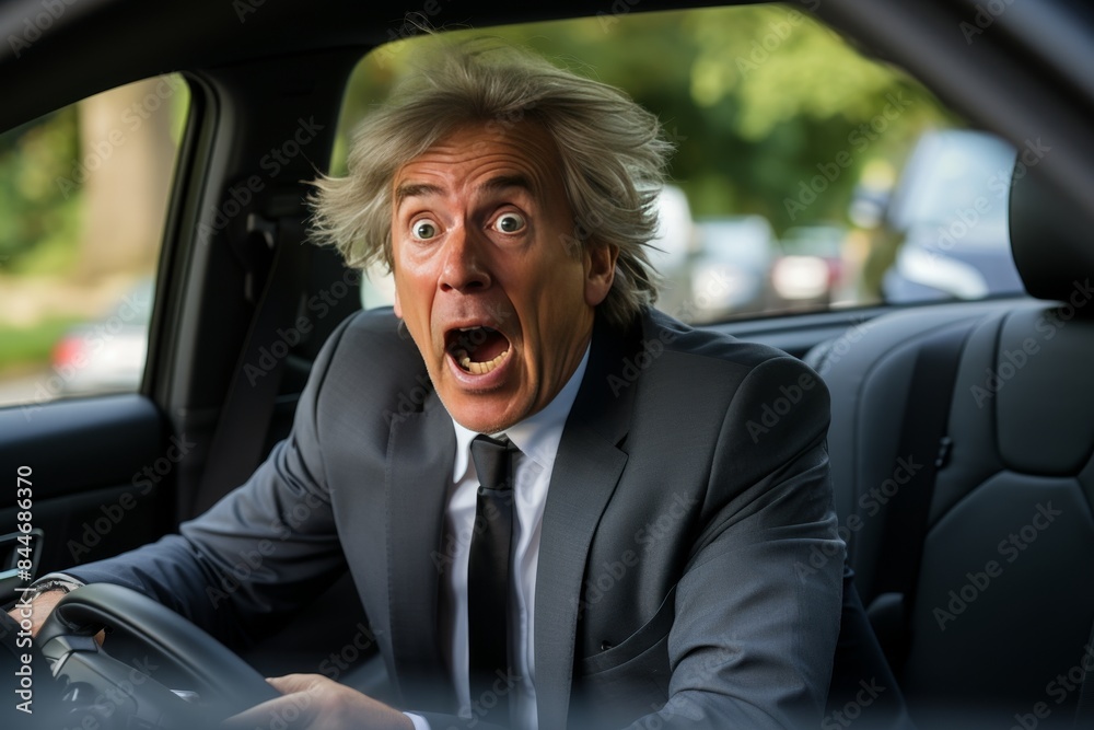 This image shows a funny scared businessman driving a car looking at ...