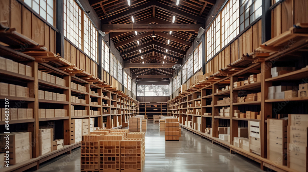 Wooden Japanese warehouse filled with goods. Background image. Created ...