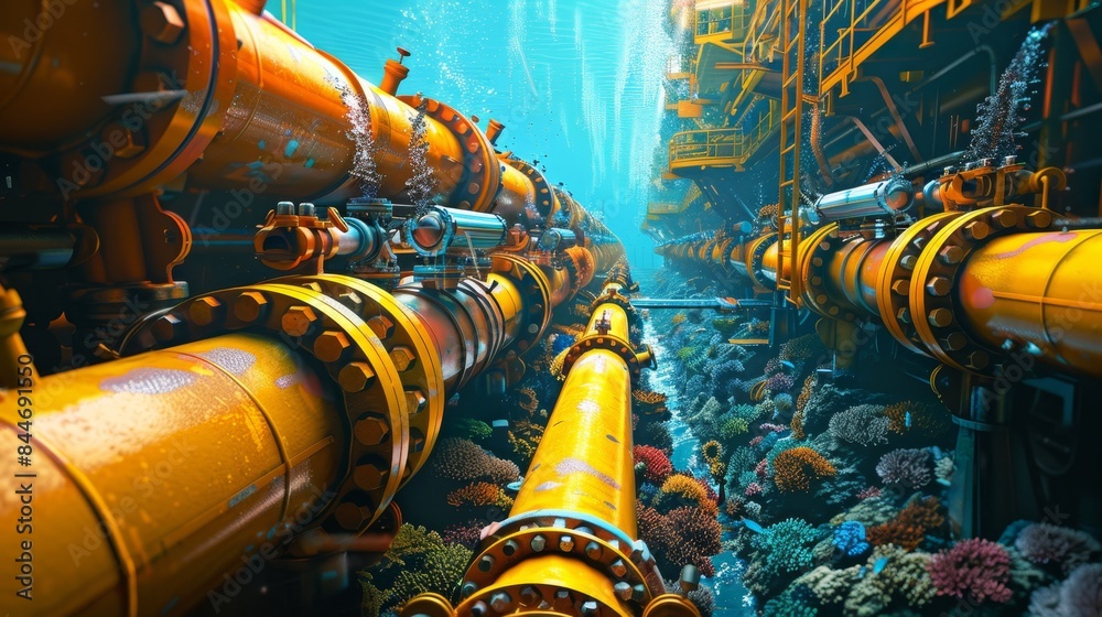 Vibrant Subsea Technology High-Pressure Pipelines and ROVs in Colorful ...
