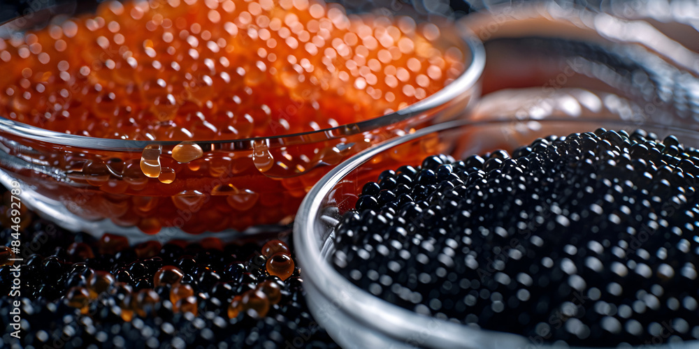 Assortment of Different Colored Beads in Bowls A variety of different caviar types each with ...