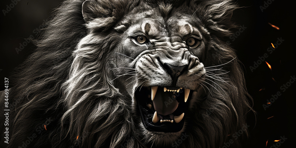 Fierce Black and White Lion Portrait: Powerful Beast Roaring with Teeth ...