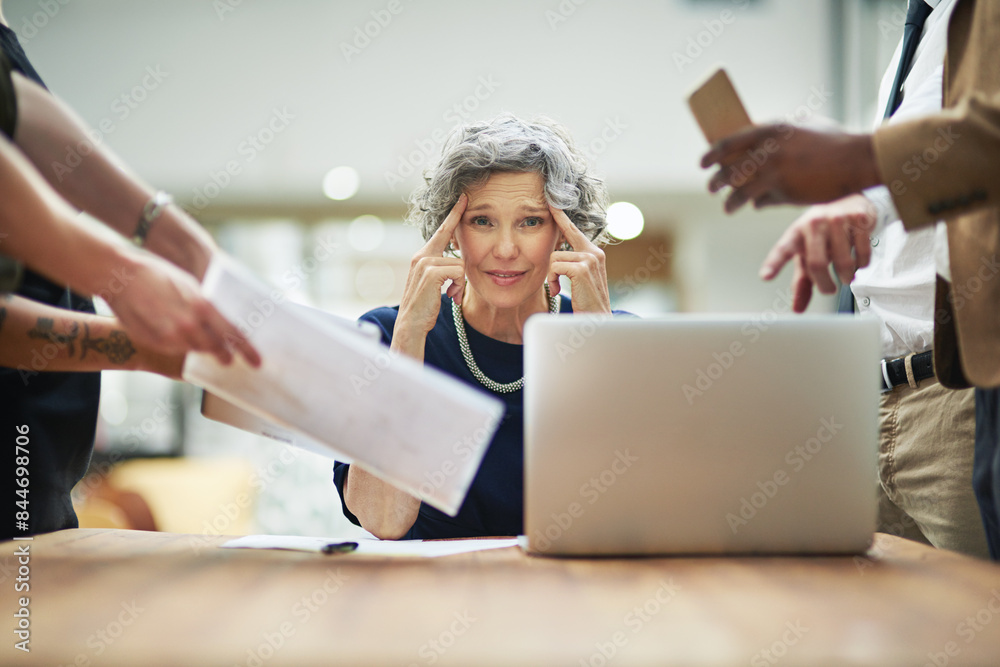 Confused, chaos and business woman in office with documents, report and ...