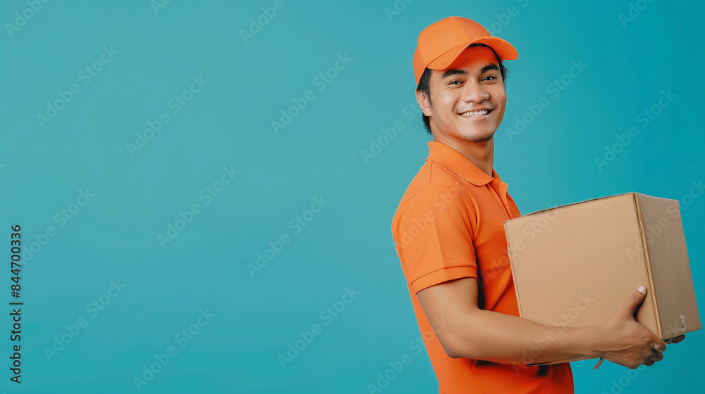 Half-body HDR image of a smiling courier in orange uniform carrying a ...