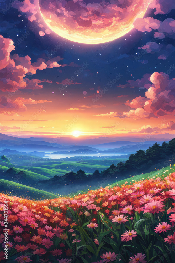 Generative AI Beautiful Niji Anime scenery of a beauty flower fields ...