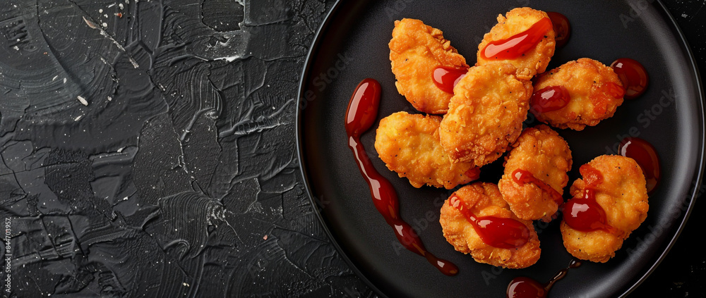 Top down view of chicken nuggets on a black plate with copy paste Stock ...