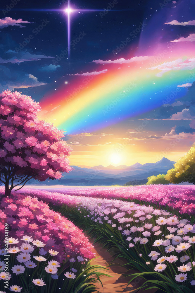 Generative AI Beautiful Niji Anime scenery of a beauty flower fields ...