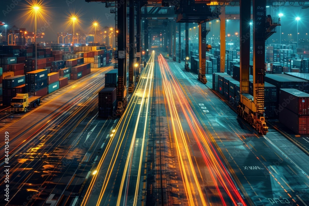 A longexposure photo of trucks loading and unloading containers at a ...