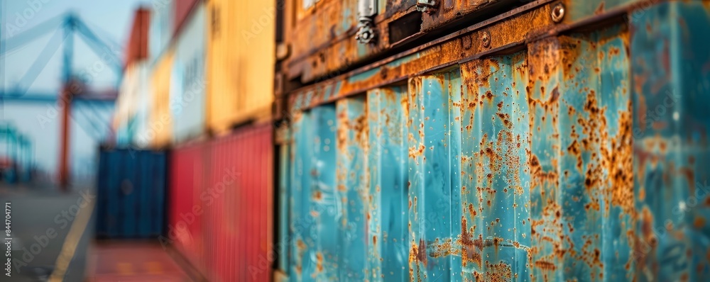Closeup photo of a stack of shipping containers, focusing on the texture and details of the rust ...