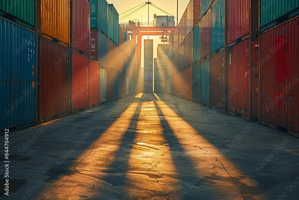 Foto de Photo of an empty container yard at dawn, with the first light ...
