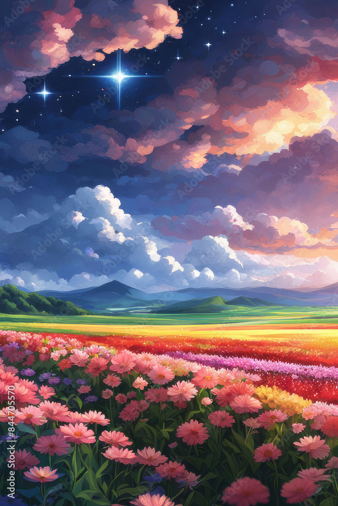 Generative AI Beautiful Niji Anime scenery of a beauty flower fields ...