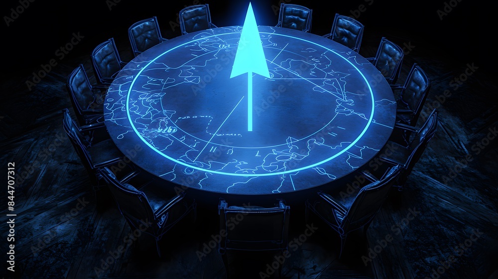 Round table with lit world map and arrow, symbolizing global strategy ...