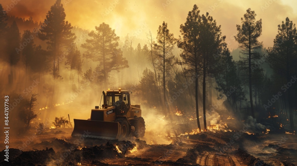 Fire crews using bulldozers to create firebreaks and contain the spread ...
