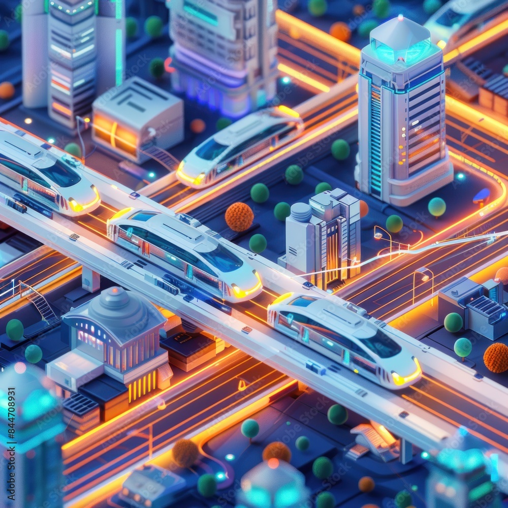 An isometric illustration of a futuristic transportation system ...