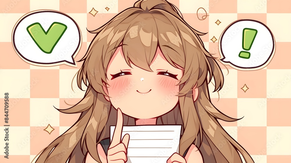 Smiling anime girl with checkmark and exclamation on paper, checkered ...