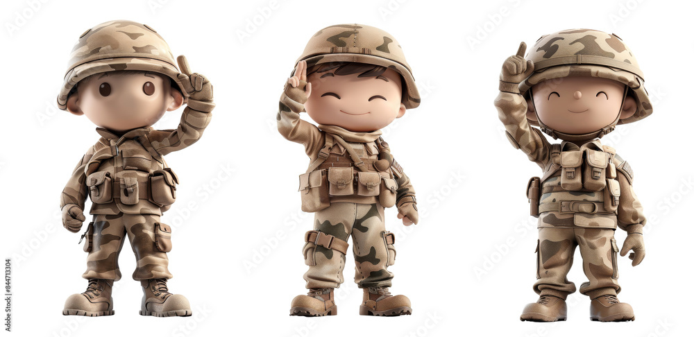 3D Soldiers Saluting in Camouflage Uniforms. Group of three 3D-rendered ...