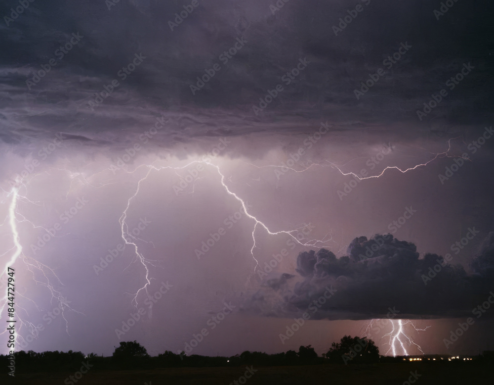 Un fulmine serpeggiante si snoda attraverso le nuvole, creando un ...