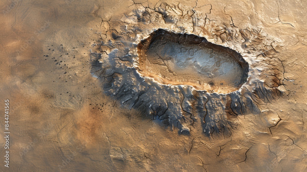 An aerial perspective of a desert reveals a hollow in the earth's ...