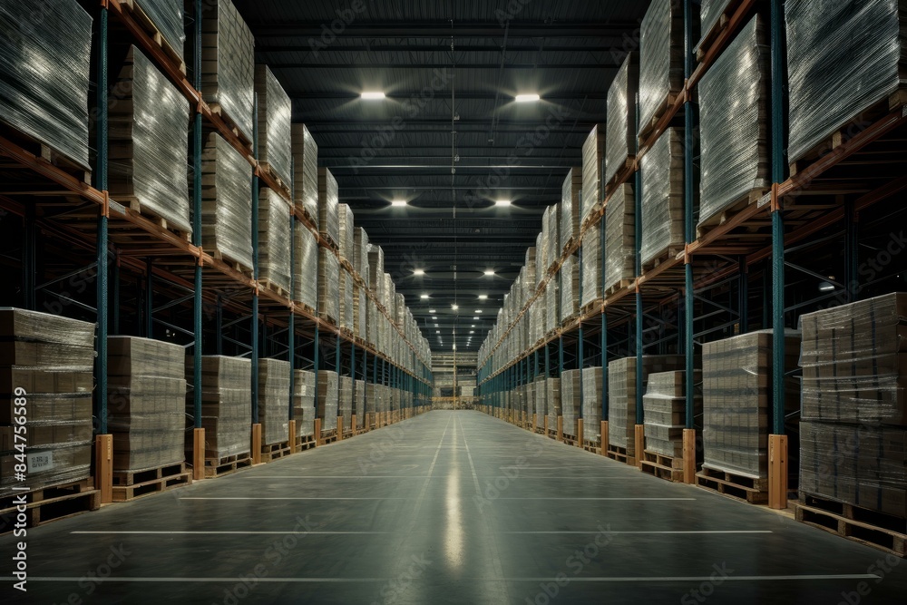 Symmetrical view of a vast warehouse interior with stacked shelves and ...