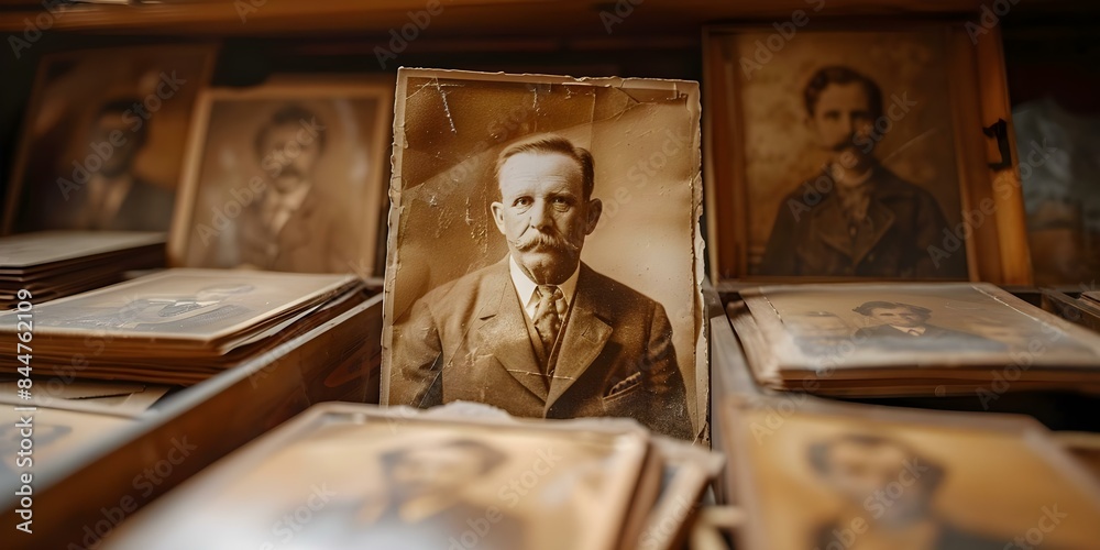 Old sepia family photos in vintage box preserving memories of ancestors ...
