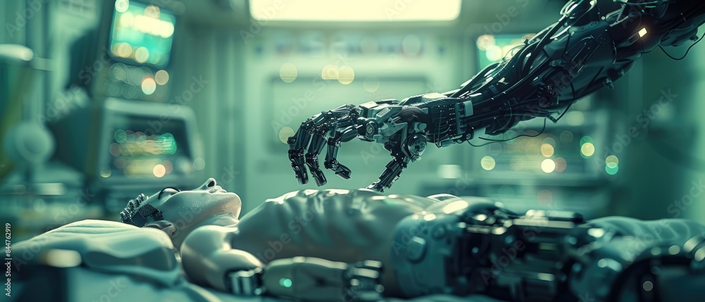 Futuristic scene with a robotic arm reaching towards a sleeping human ...