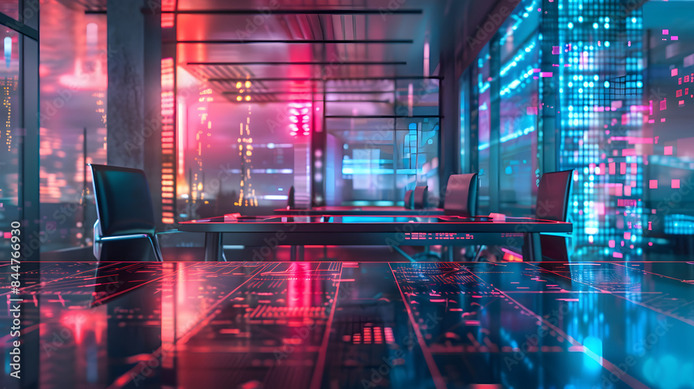 Modern neon cyberpunk open space office interior blurred with ...