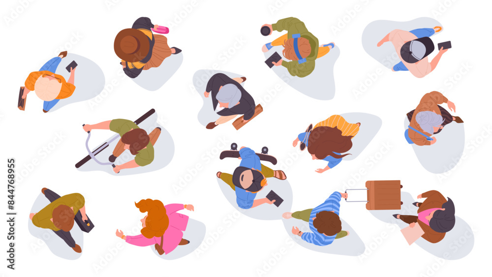 Vetor de Walking people top view. Diverse people group view from above ...