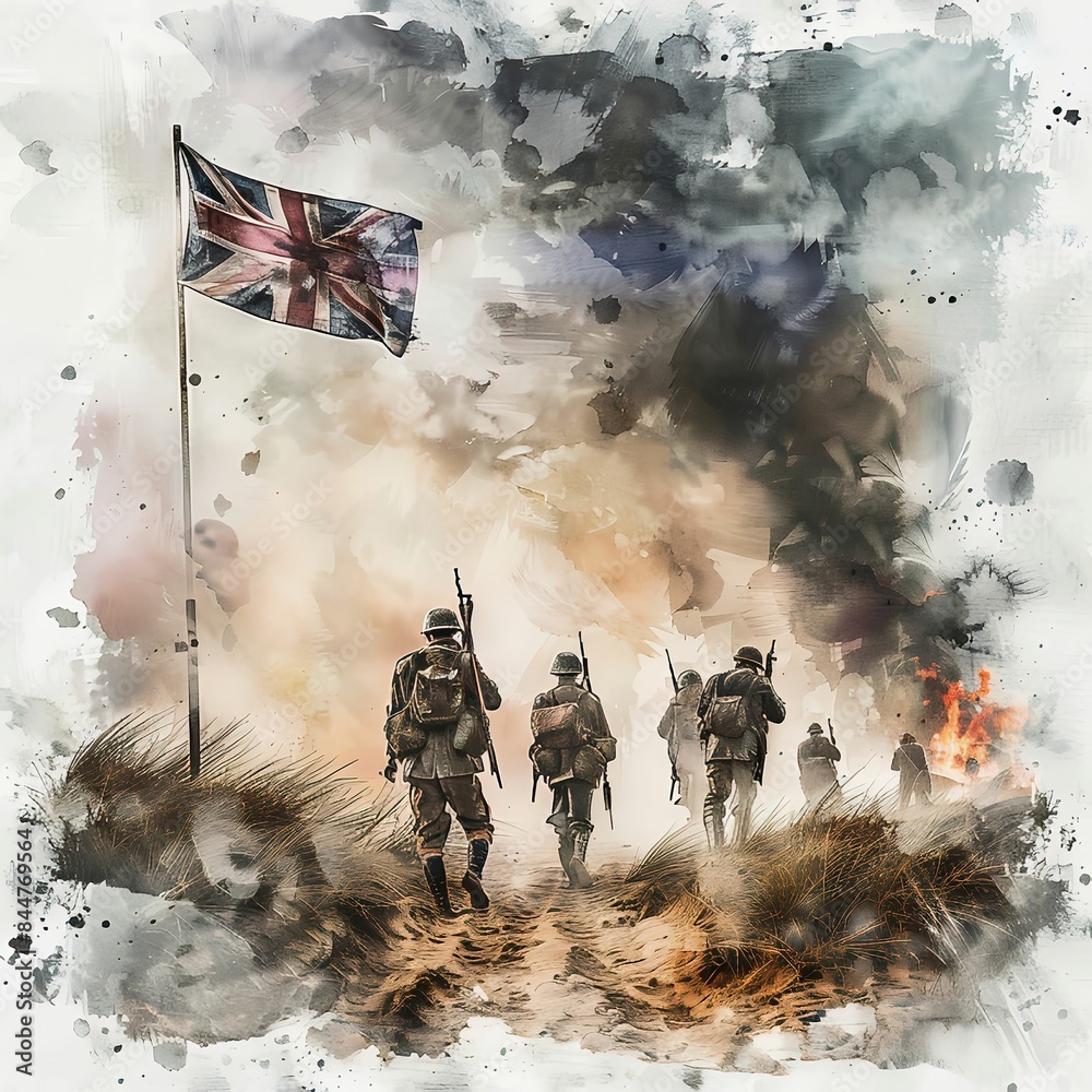 Watercolor depicts WW2 British soldiers marching on battlefield with ...