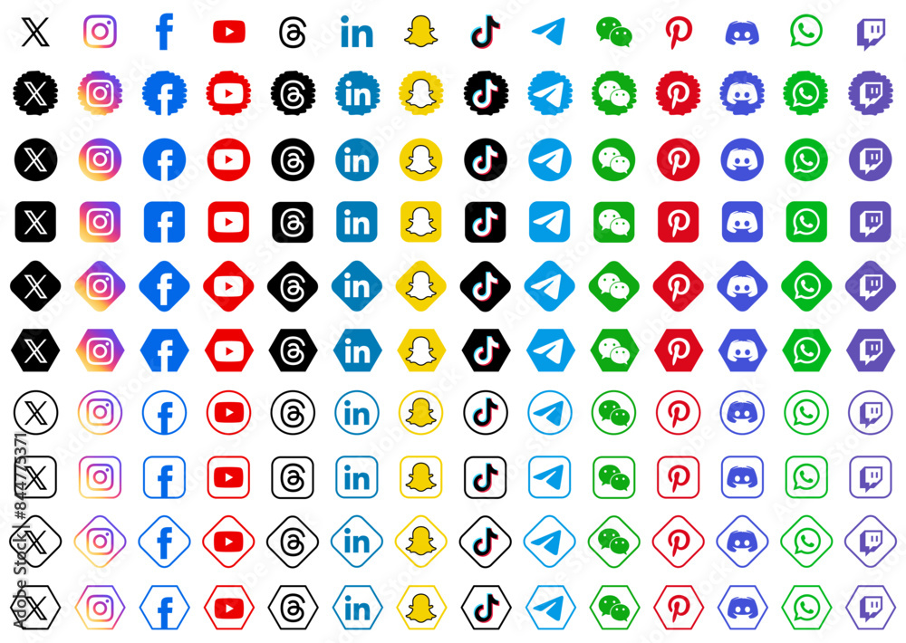 Social media icon set, social network logos, facebook, instagram, x ...
