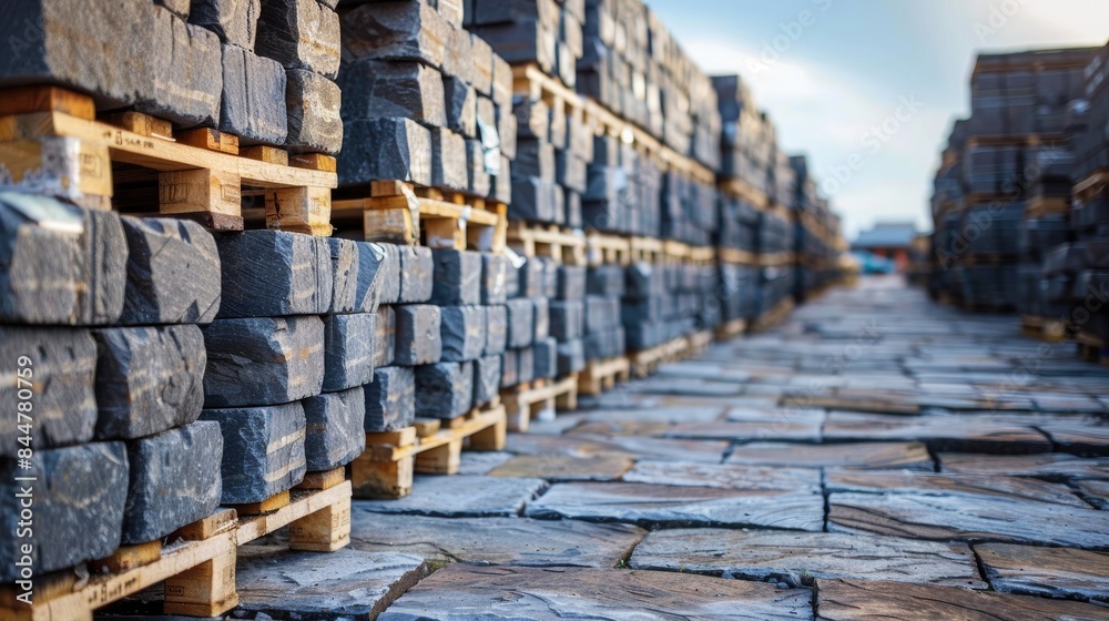 Line of pallets containing oversized paving slabs Stock Photo | Adobe Stock