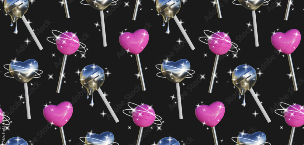 Abstract seamless pattern in Y2K style. Three-dimensional sweets in the ...