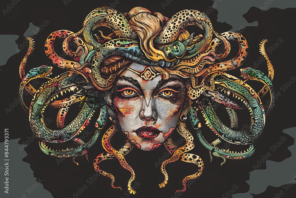 Medusa street style graphic design. Textile artwork for t-shirts. Pop ...