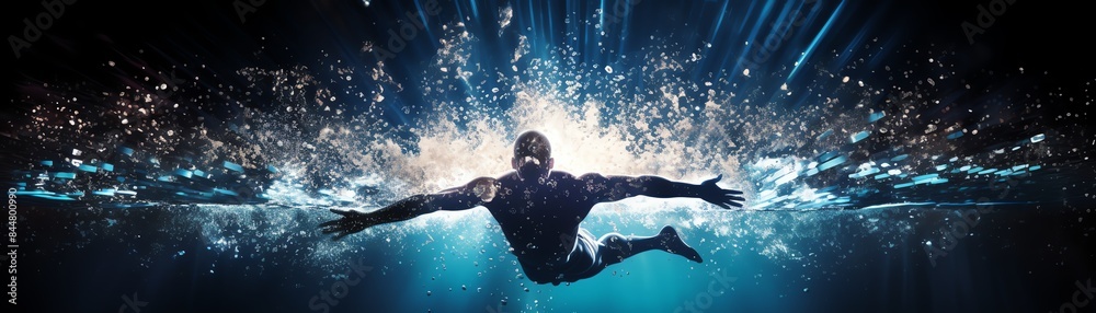 Olympic swimmer diving into the pool at the start of a race, water ...