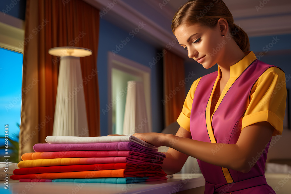 Professional chambermaid organizing a neat stack of white towels on a ...