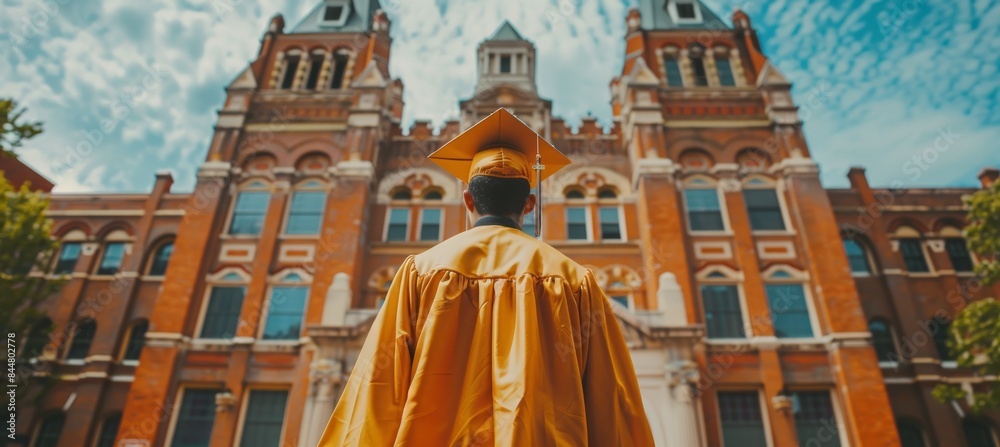 Graduation Day Celebration: Proud Student in Cap and Gown in Front of ...