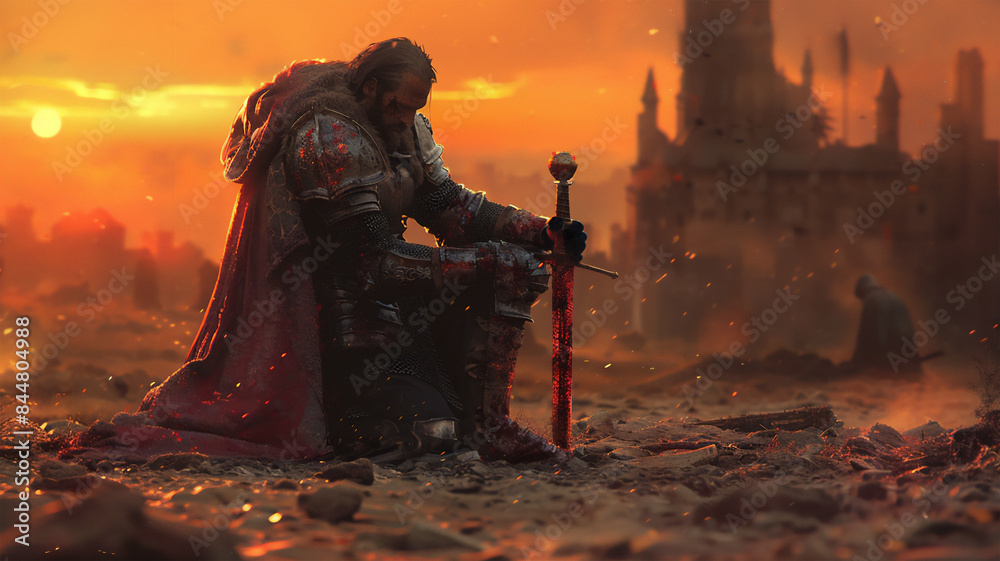 An old and exhausted knight in bloody armor kneels on the battlefield ...