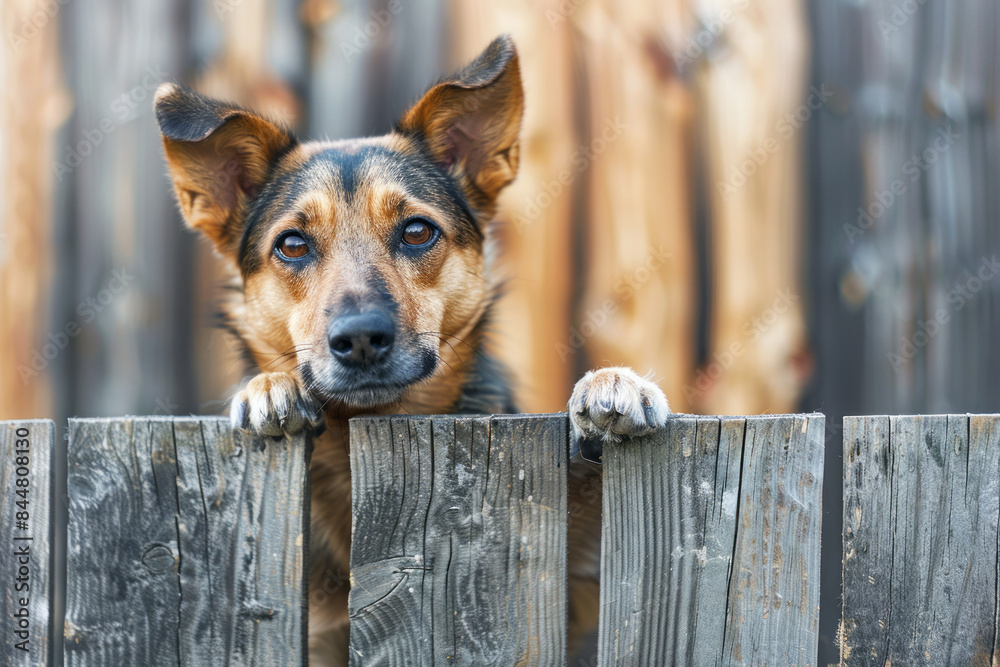 dog sticking out from behind a wooden fence facing the camera close up ...