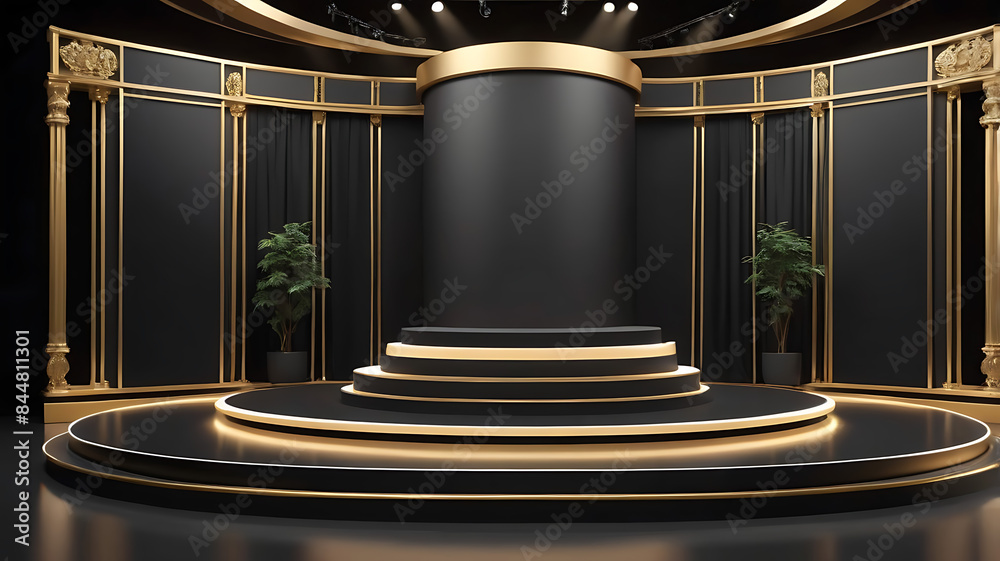 Product display exhibition modern stage design podium black stage, neon ...