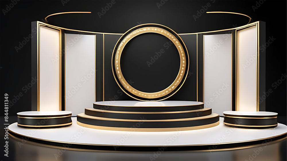 Product display exhibition modern stage design podium black stage, neon ...