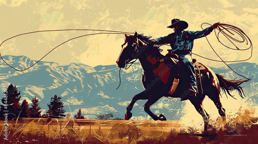 American cowboy riding horse and throwing lasso, horse drawing Stock ...