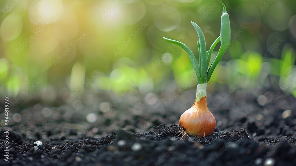 Onion Plant Emerging From Soil. An onion plant is seen sprouting out of ...