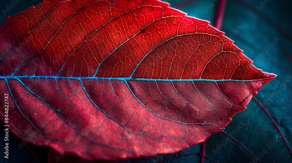 Macro photography of a red autumn leaf with blue highlights, capturing ...