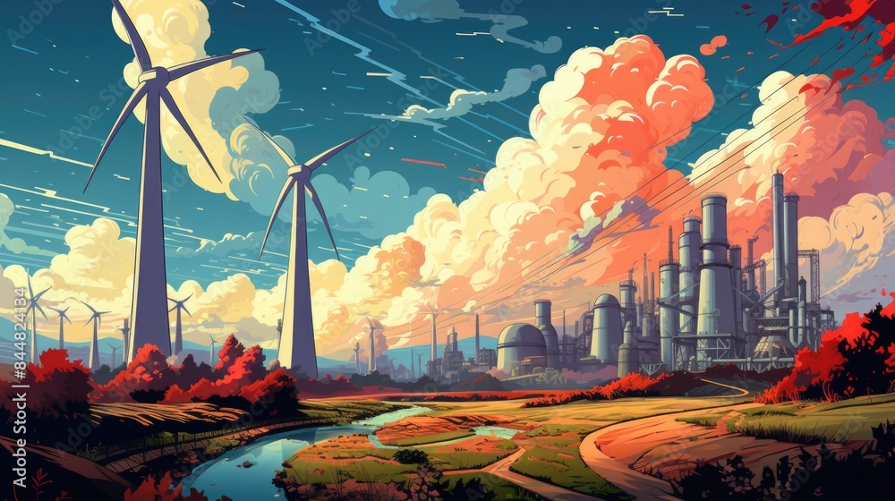 Eco-Friendly Energy Transition: Cartoon Factory vs Clean Renewable ...