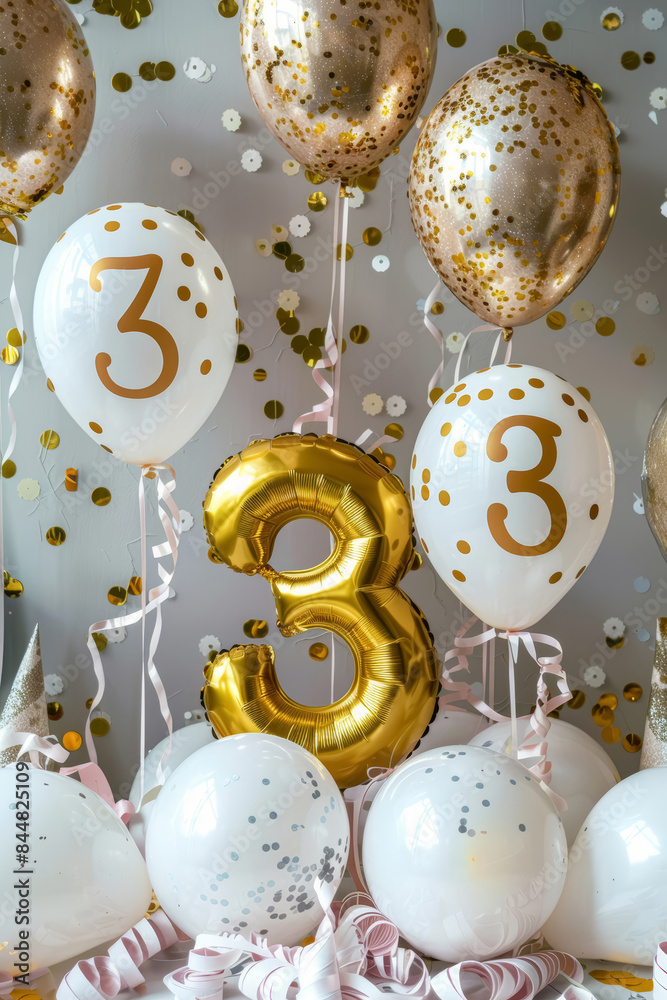 Happy birthday white and golden balloons and gold foil number 3 balloon ...