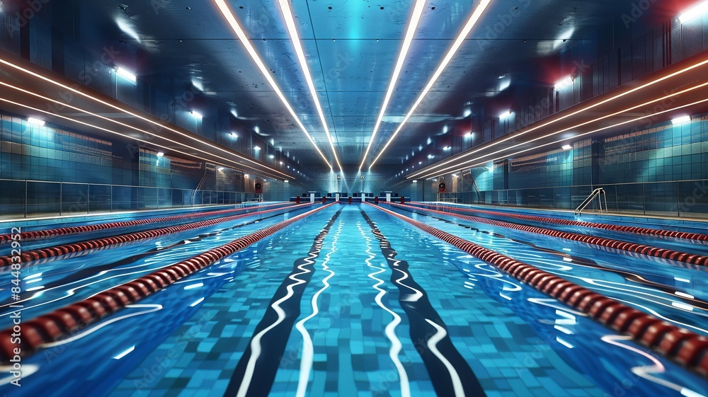 Indoor Olympic swimming pool with clear blue water and racing lanes ...