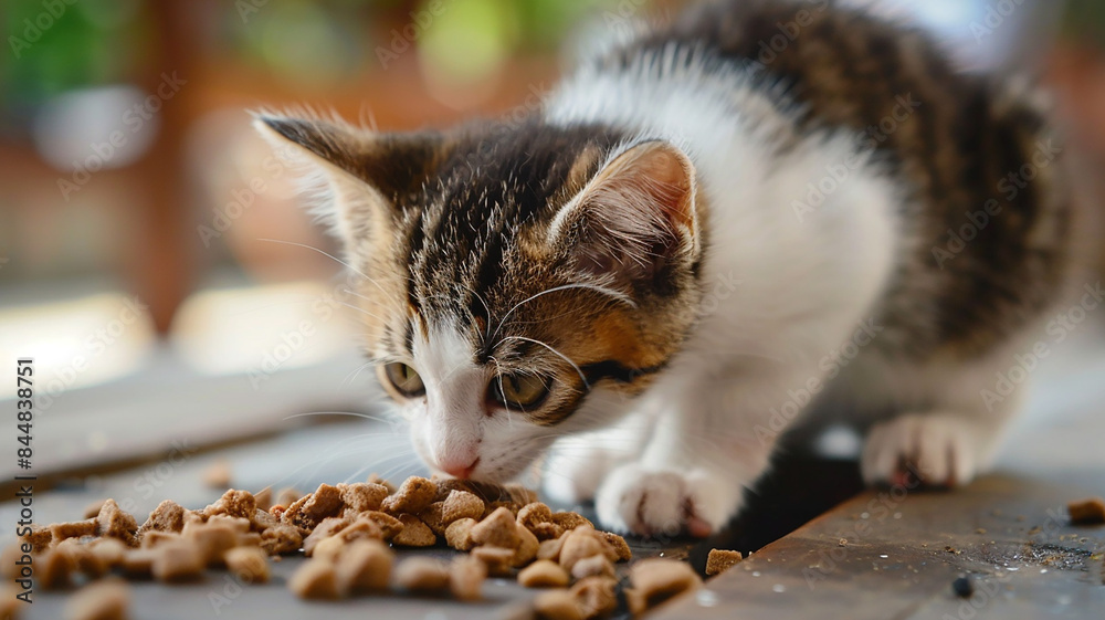 Tabby's kitten is eating food from a white bowl on the wooden floor ...