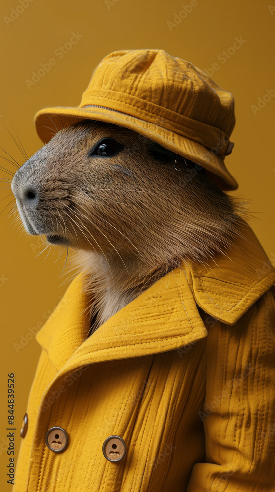 Capybara wearing a yellow raincoat and hat, animal dressed as human ...