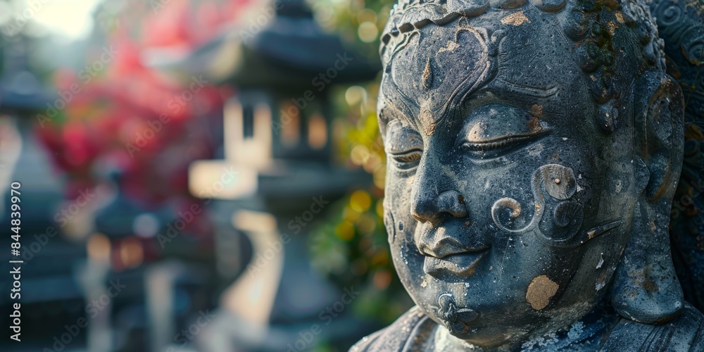 Buddha statue in Japanese graveyard with child symbolizing safety ...